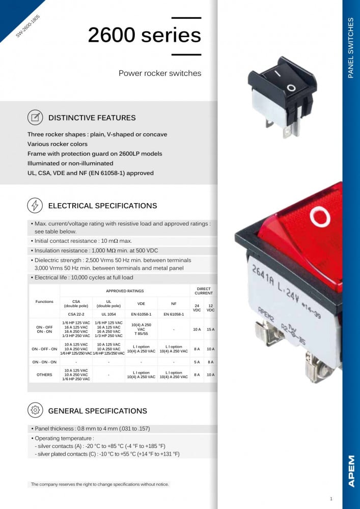 APEM 2600 series datasheet page 1