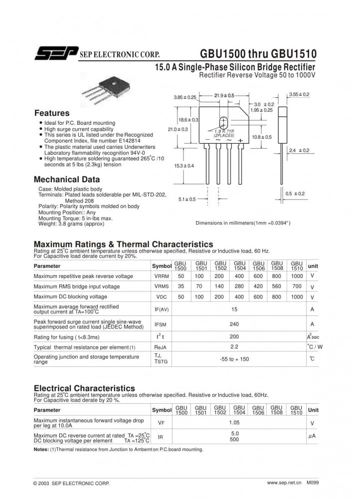 SEP GBU1510 datasheet page 1