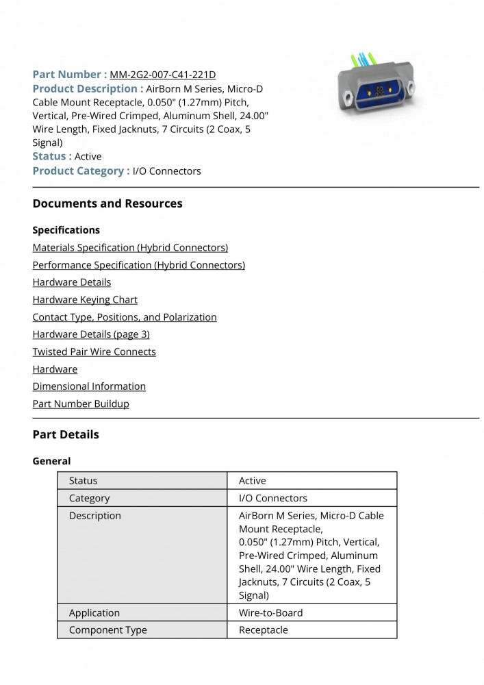 Technical document page 1 for the connector series
