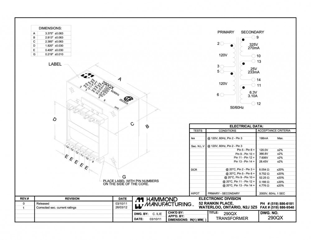 Hammond 290QX transformer drawing