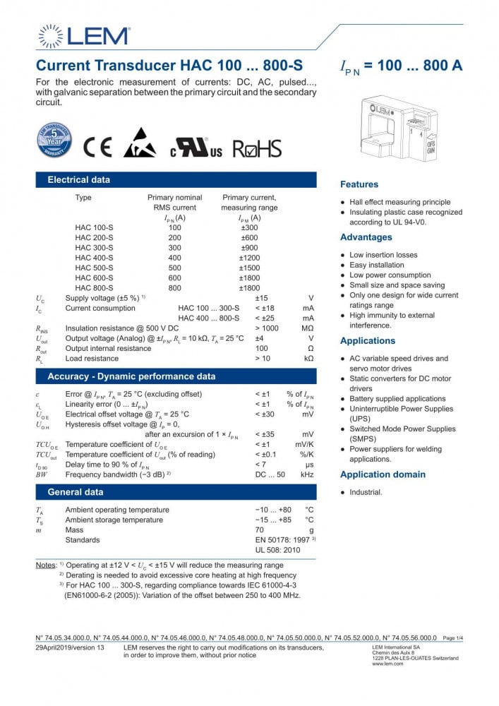 HAC 400-S datasheet page 1