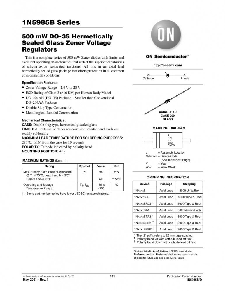 1N5991BRL datasheet page 1