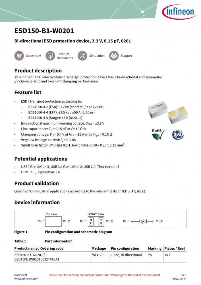 Infineon ESD150B1W0201E6327XTSA1 datasheet page 1