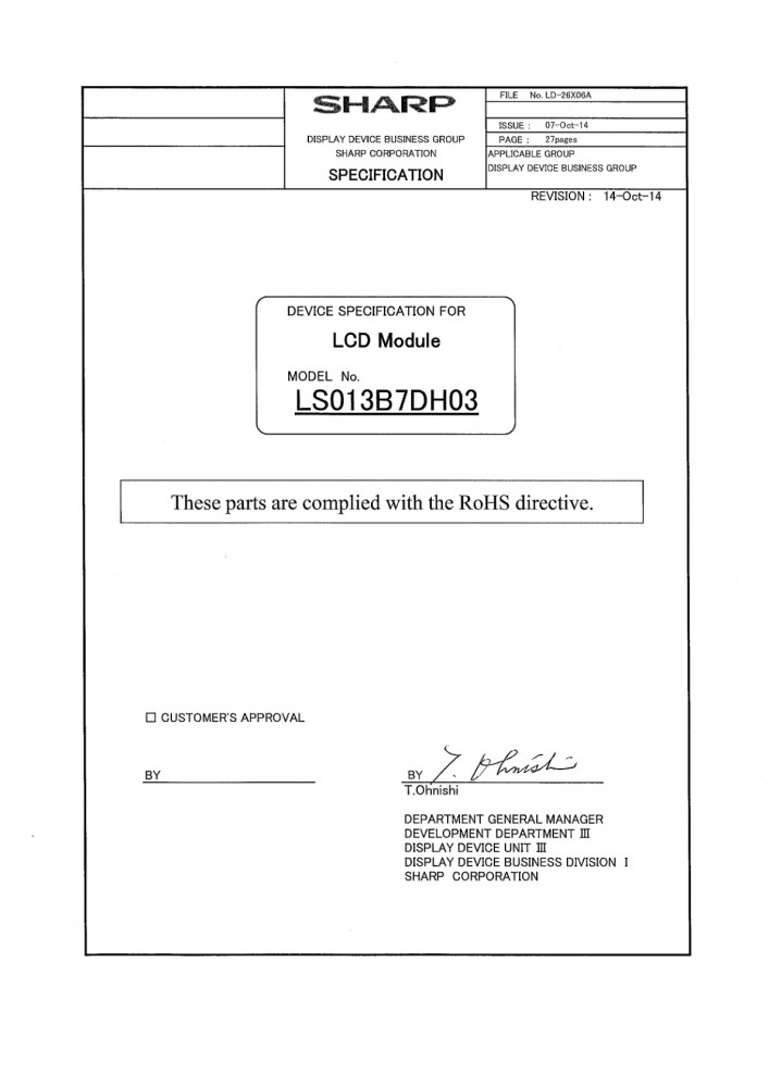 LS013B7DH03 specification page 1