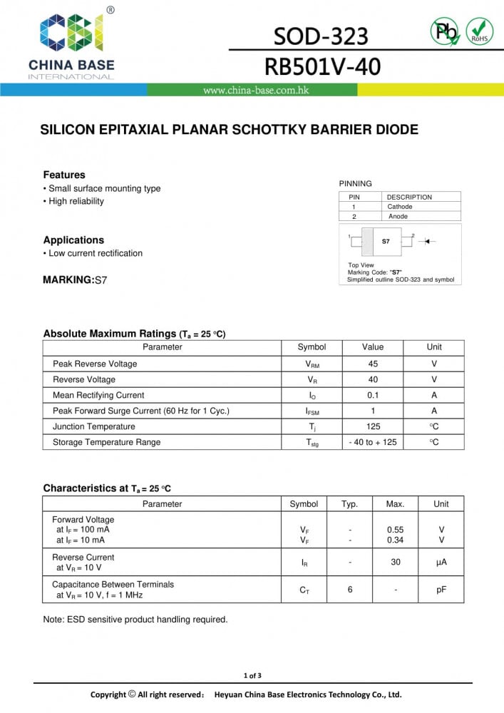 RB501V-40 datasheet page 1