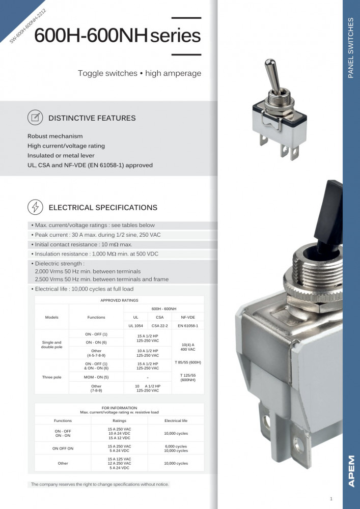 APEM 600H series datasheet page 1