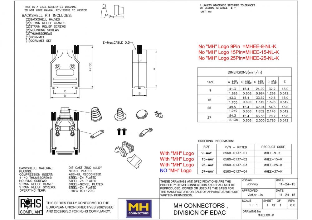 MH CONNECTORS MHEE series backshell drawing