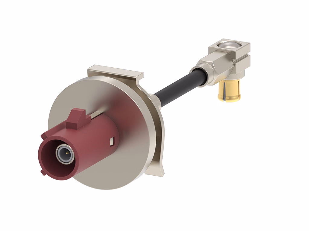 MCX Right-Angle Plug to FAKRA SMB Jack Bulkhead Keying Code D Bordeaux Violet on RG-316 Cable, 90.00mm Length, 50 Ohms for sale