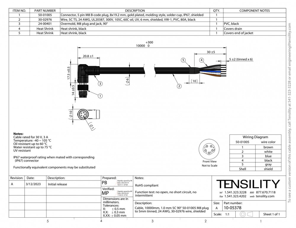 Tensility International 10-05378 product drawing and wiring reference