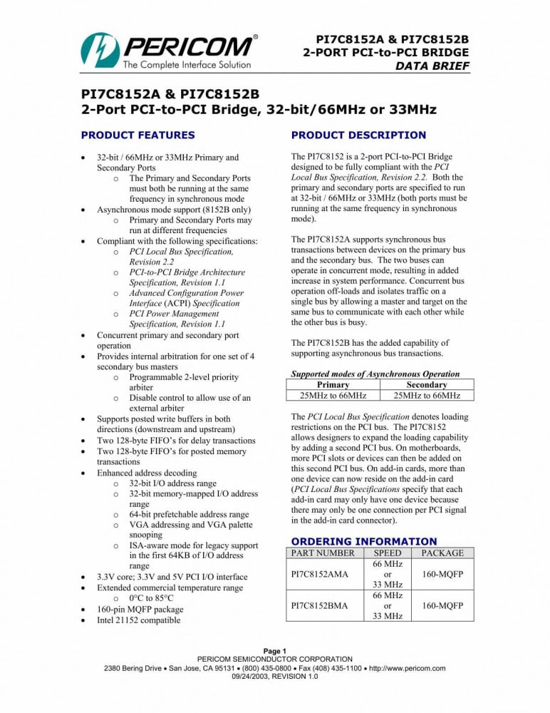 PI7C8152B technical document page 1