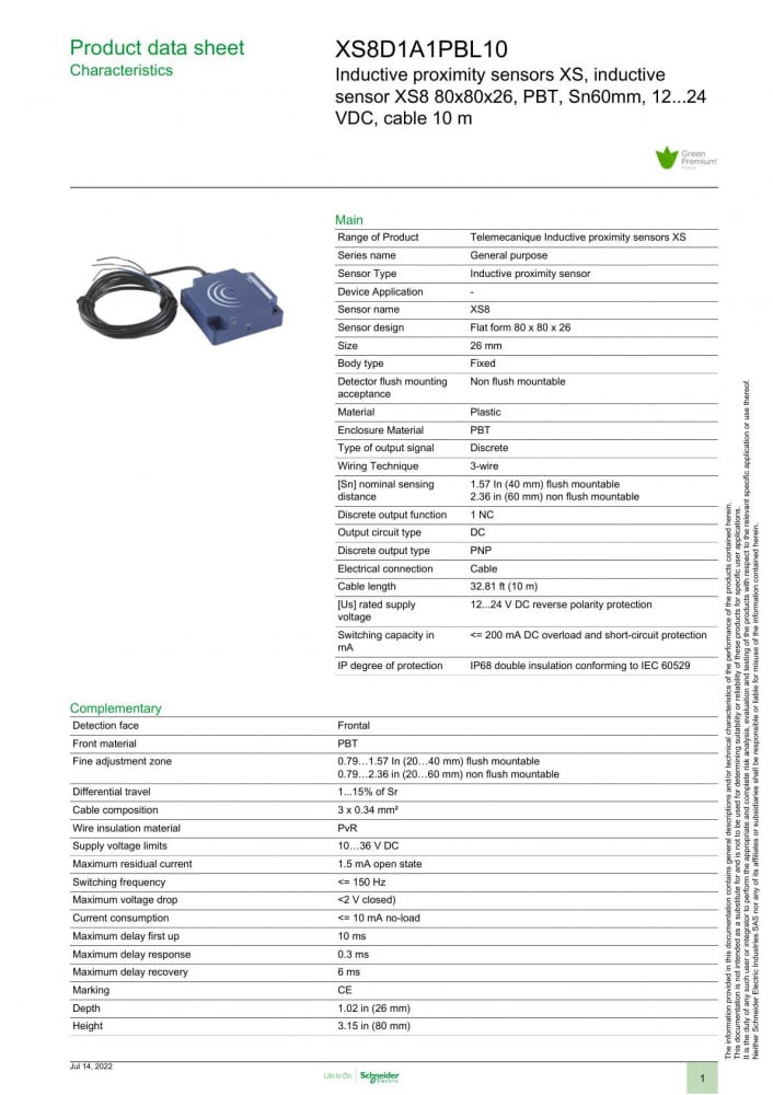 XS8D1A1PBL10 technical document page 1
