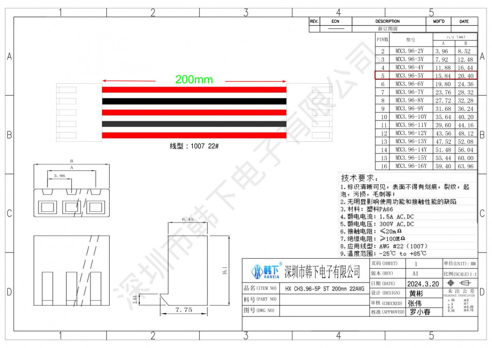 HANXIA 3.96 mm connector dimensional drawing