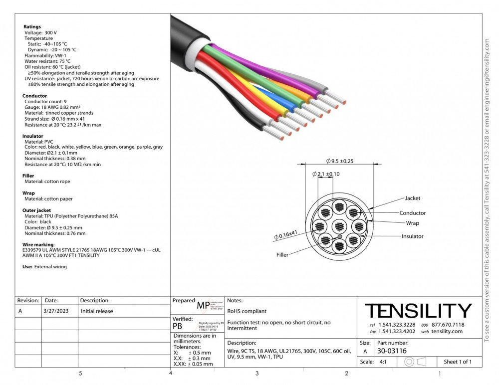 Tensility 30-03116 product drawing and cable specification