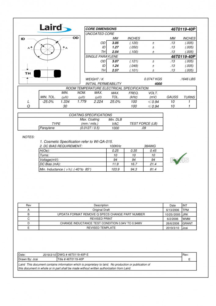 Laird 46T0119-40P technical drawing