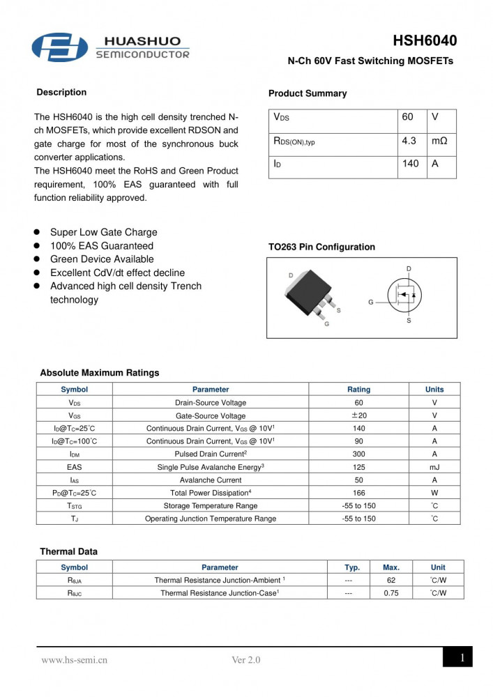 HSH6040 datasheet page 1