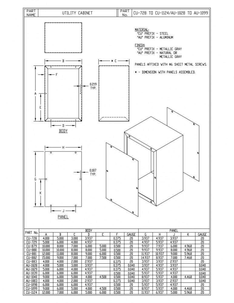 Bud Industries utility cabinet technical drawing page