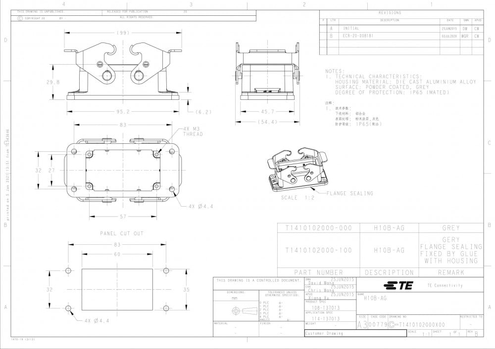 TE Connectivity T1410102000-000 technical drawing