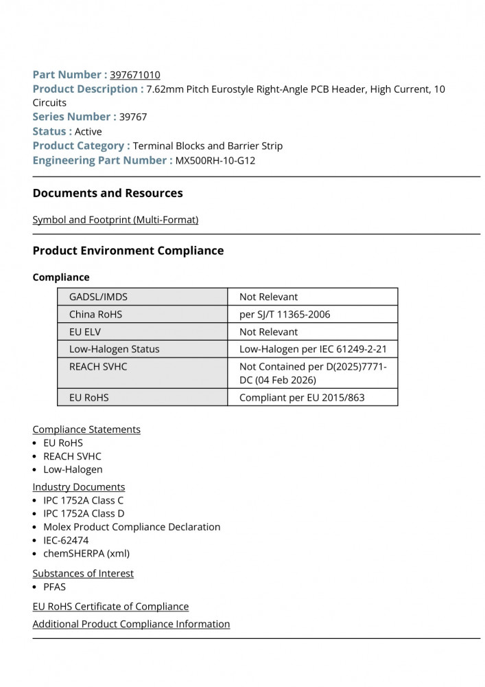 MOLEX 397671010 technical document page 1