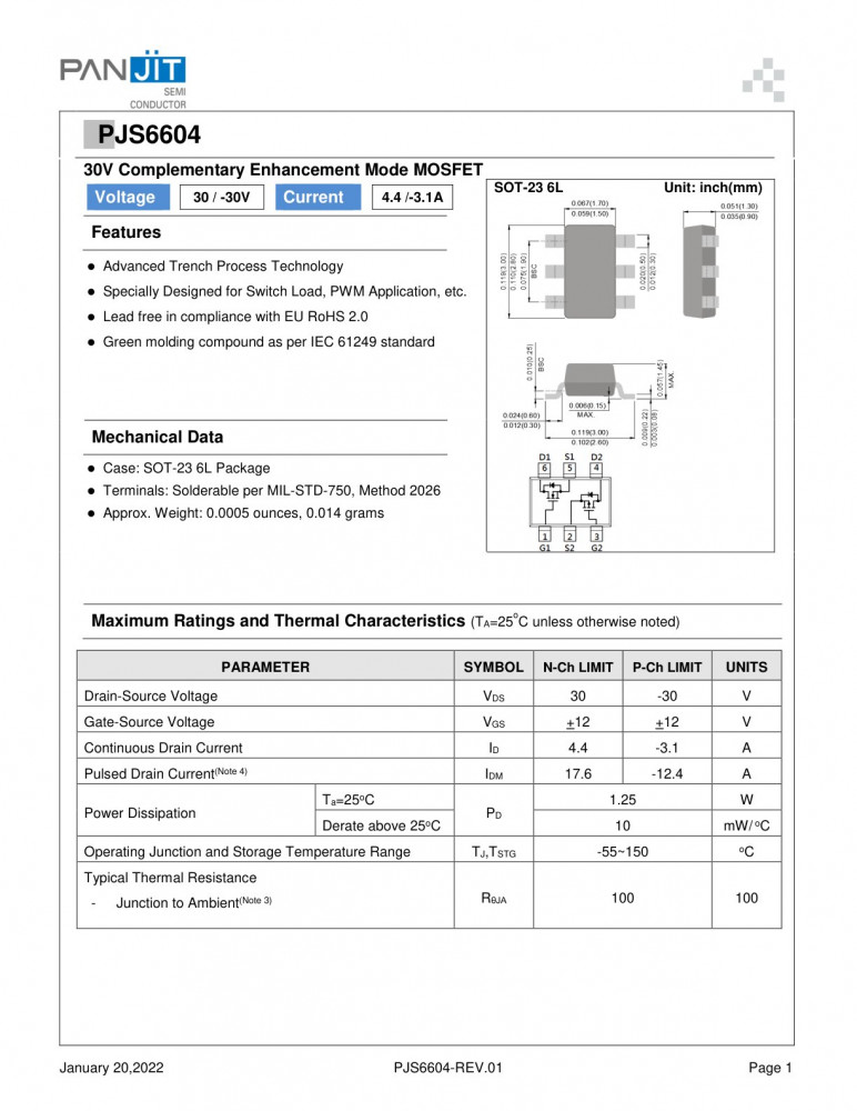 PJS6604 datasheet page 1