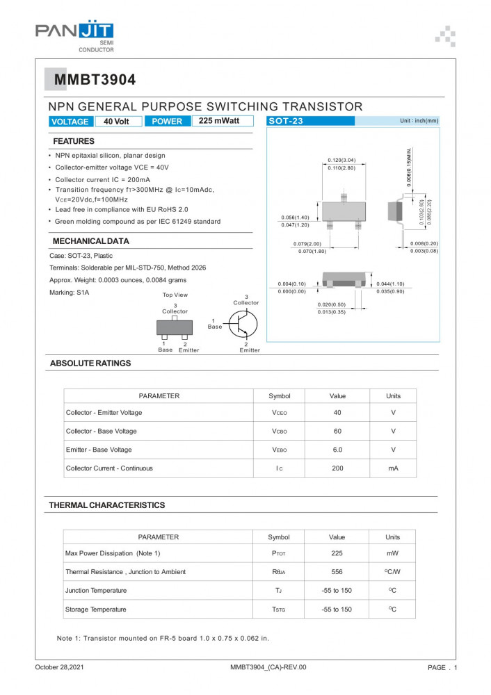 PANJIT MMBT3904 datasheet page 1