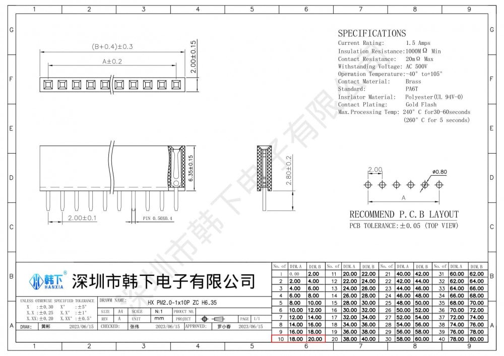 HANXIA HX PM2.0-1x10P ZC H6.35 specification document