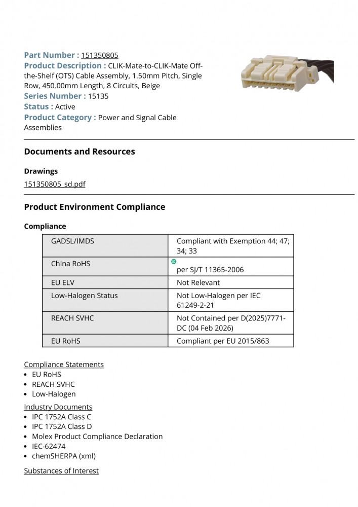 MOLEX 151350805 product drawing, page 1