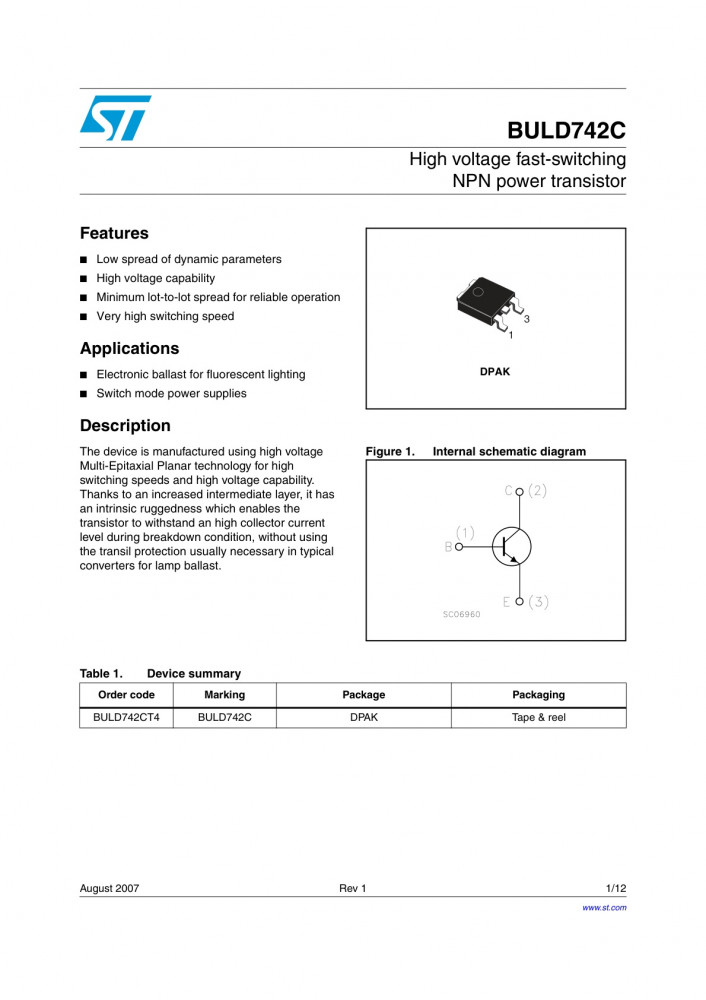 BULD742CT4 datasheet page 1
