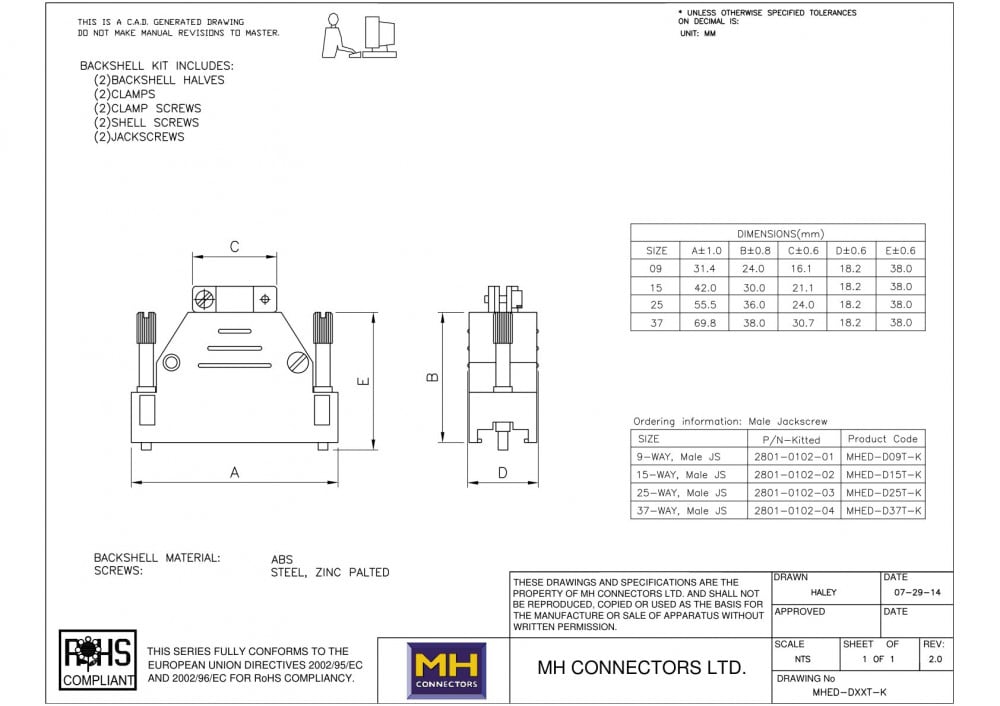 MH CONNECTORS MHED-D15T-K technical drawing and specification page