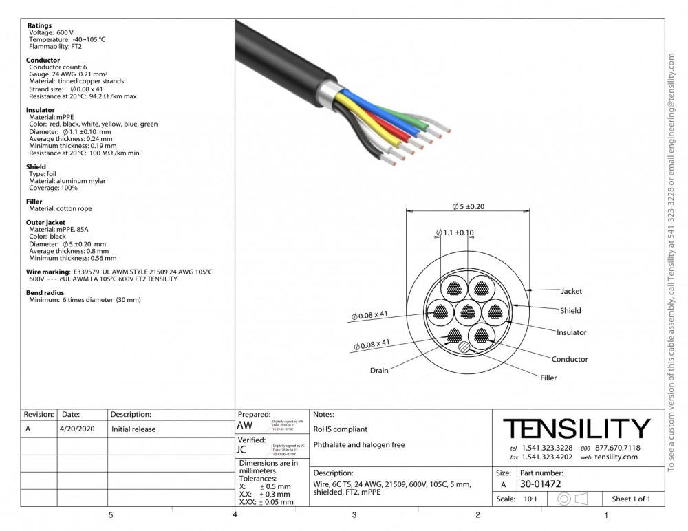 Tensility International 30-01472 cable drawing and specification page