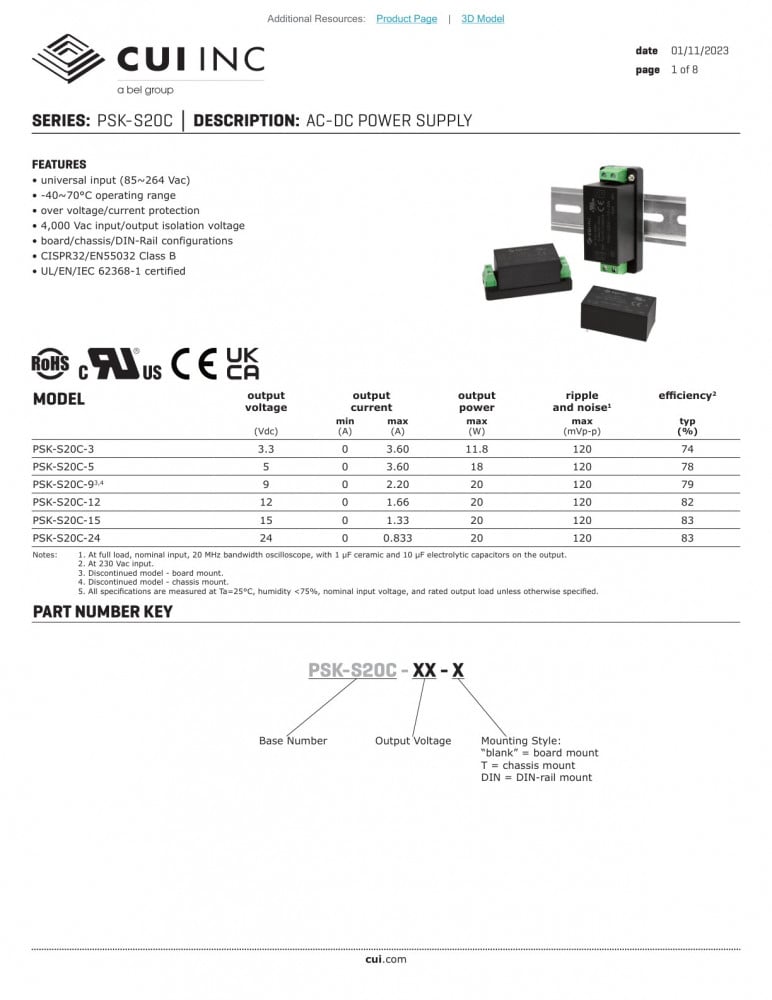 CUI PSK-S20C-9 datasheet page 1