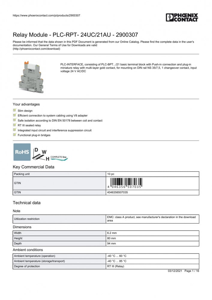 Phoenix Contact 2900307 document page 1