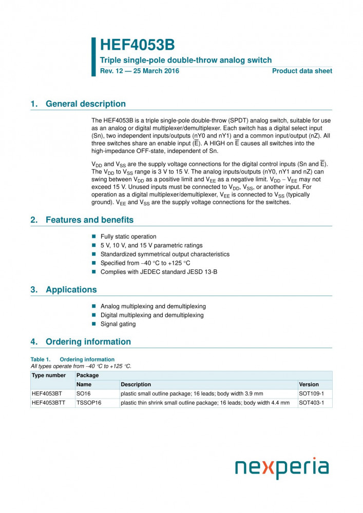 HEF4053B technical document page 1