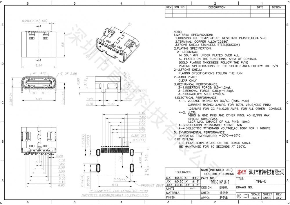 TYPE-C 16P L6.5 specification page 1