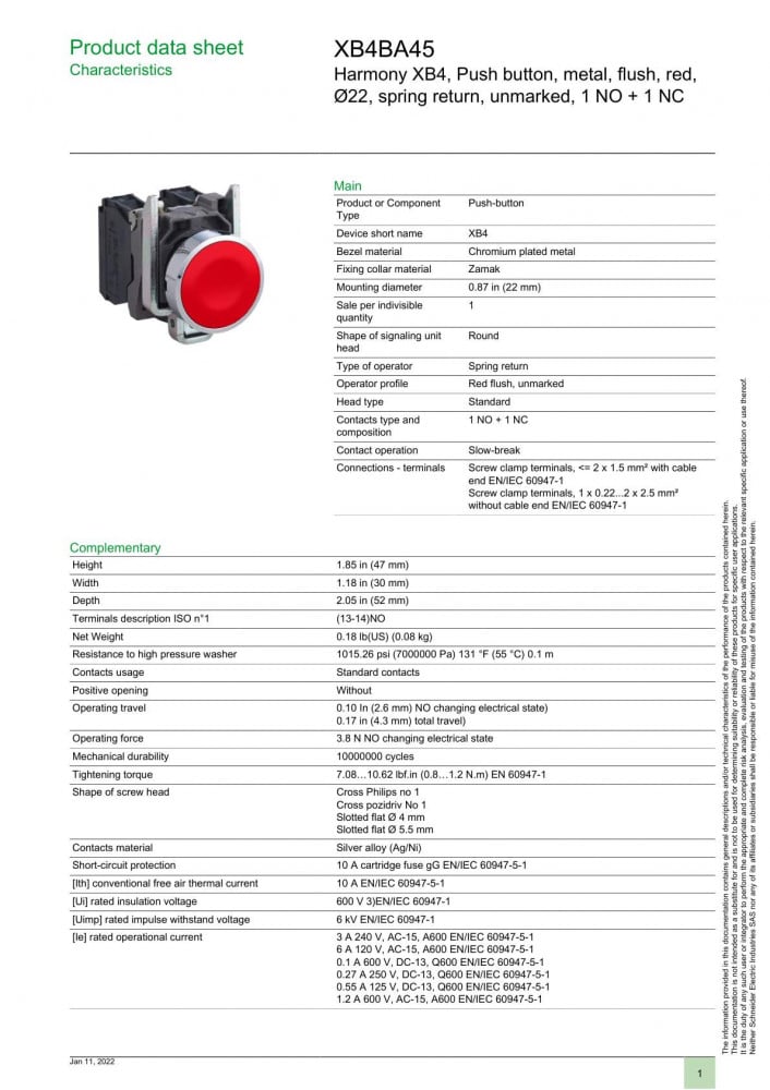 XB4BA45 technical document page 1