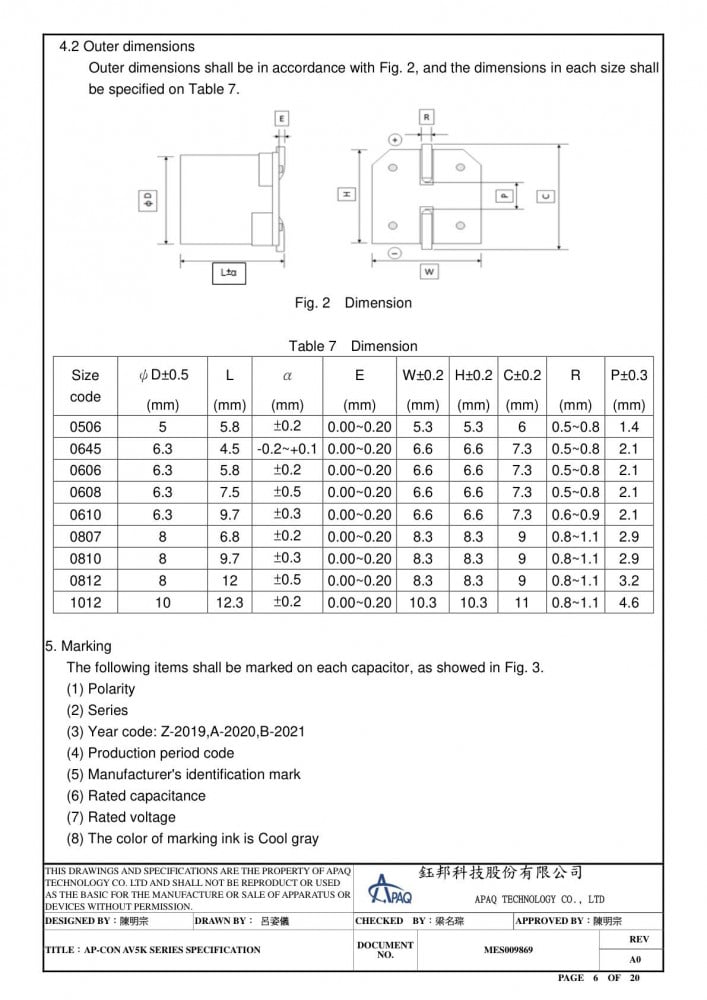 APAQ AV5K specification page 6