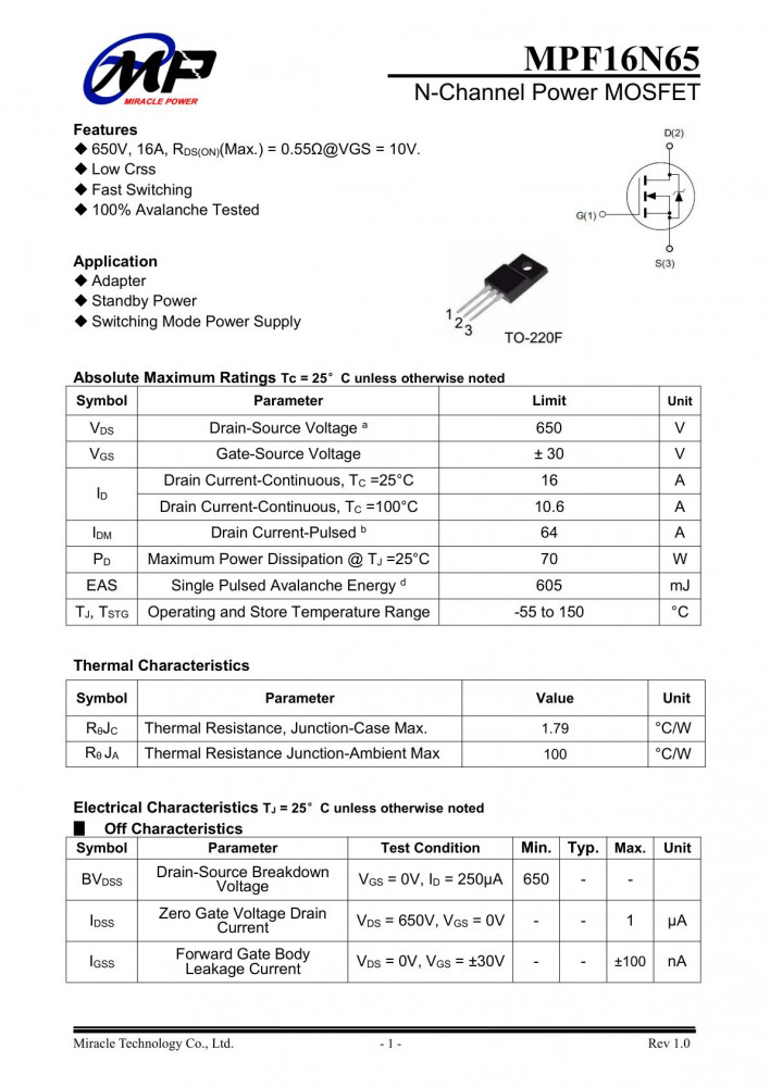 MPF16N65 datasheet page 1