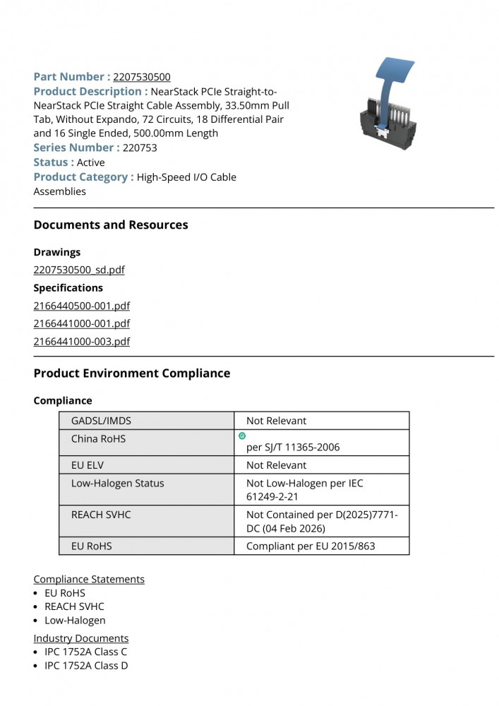 MOLEX 2207530500 technical drawing, page 1