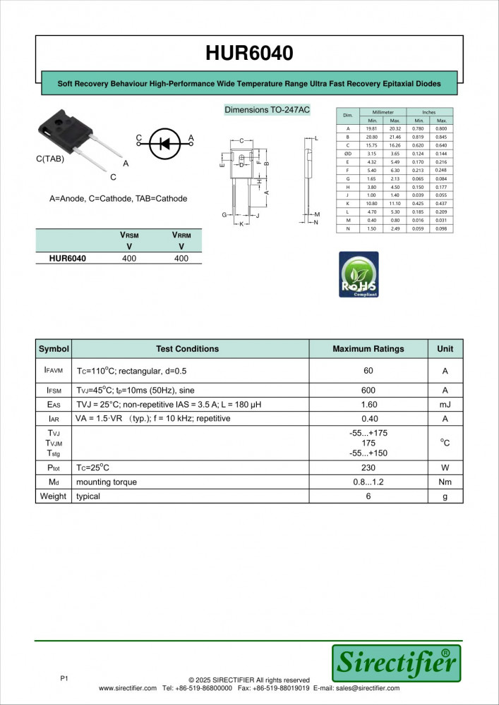 HUR6040 datasheet page 1