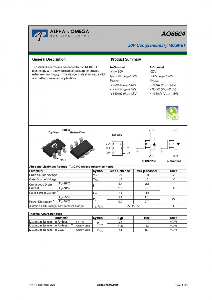 AO6604 datasheet page 1