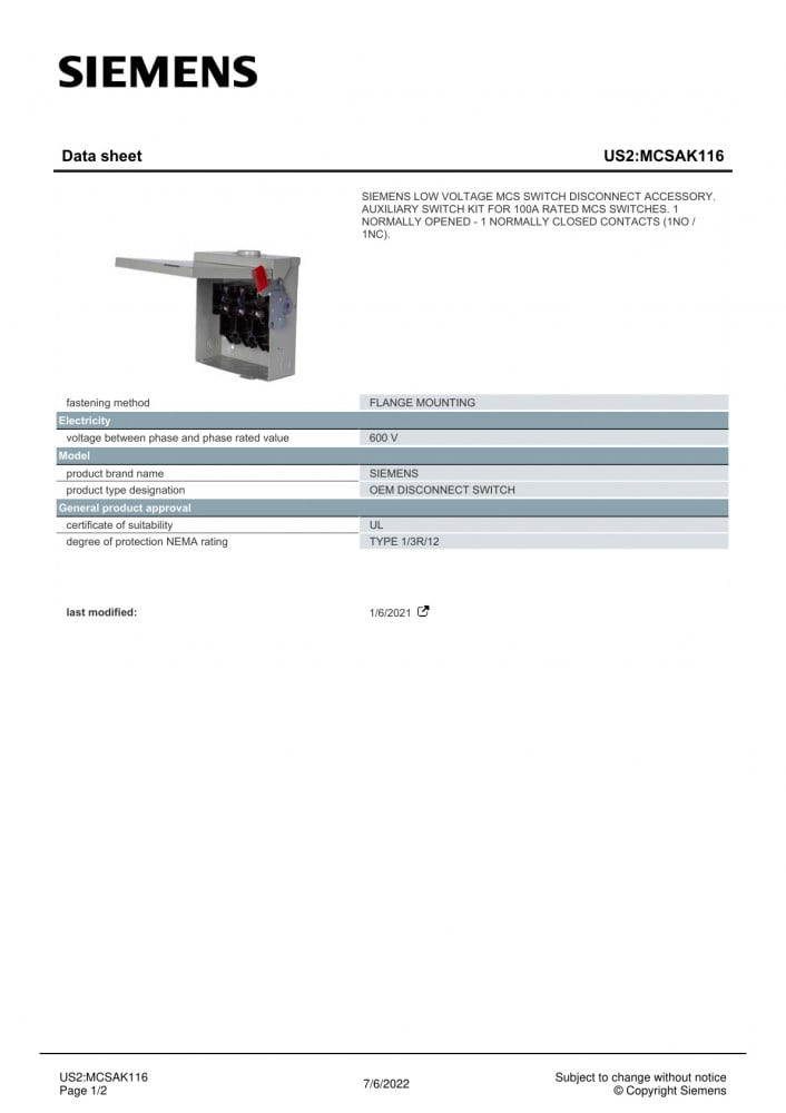 MCSAK116 technical document page 1