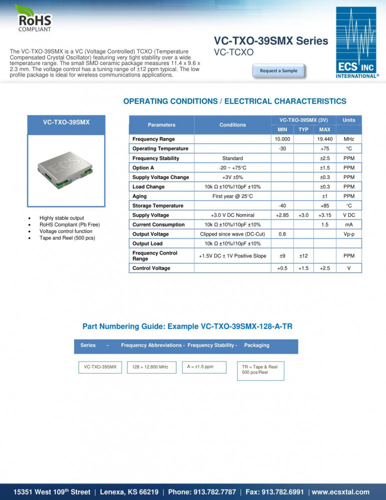 ECS VC-TXO-39SM package and electrical information