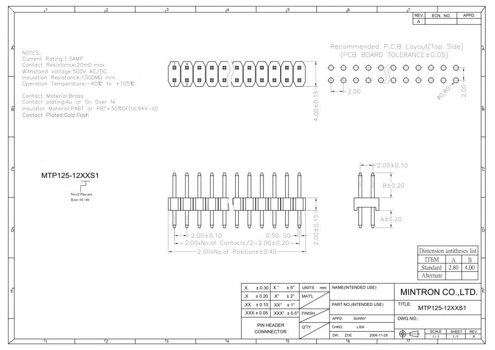 MINTRON pin header connector technical drawing