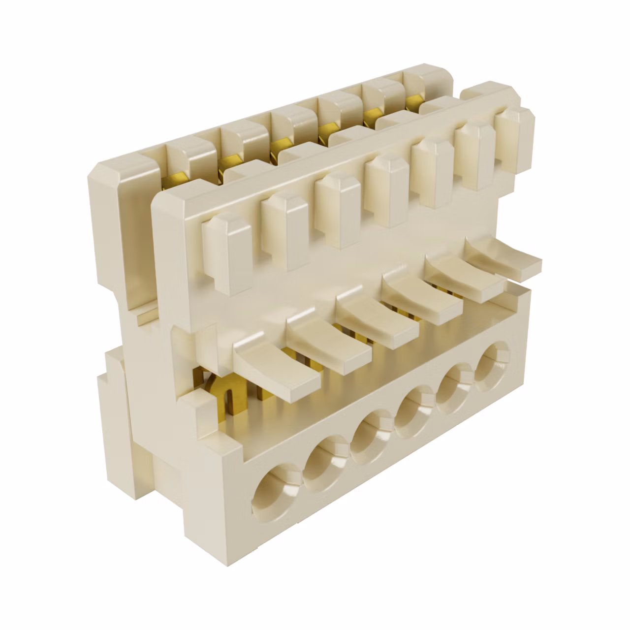 Appli-Mate RAST 2.5 Connector, 2.50mm Pitch, Female, 6 Circuits, Positions A and G Removed, Polarizing Rib Between 2/3, Locking Pips, Open Endwalls, Tin Plating