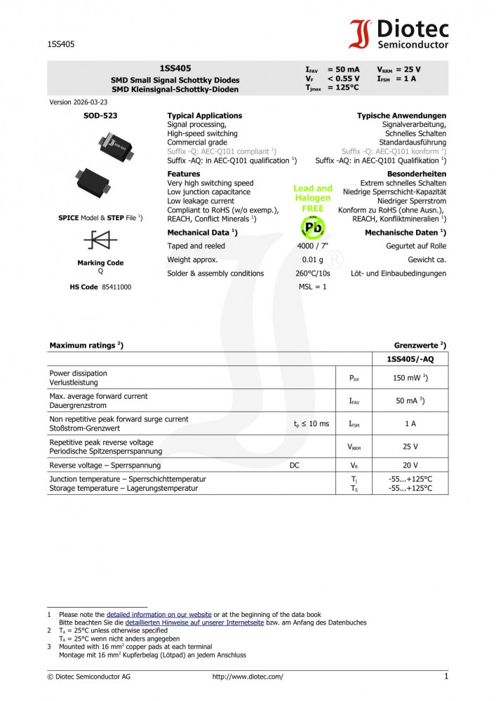 DIOTEC 1SS405-AQ datasheet page 1