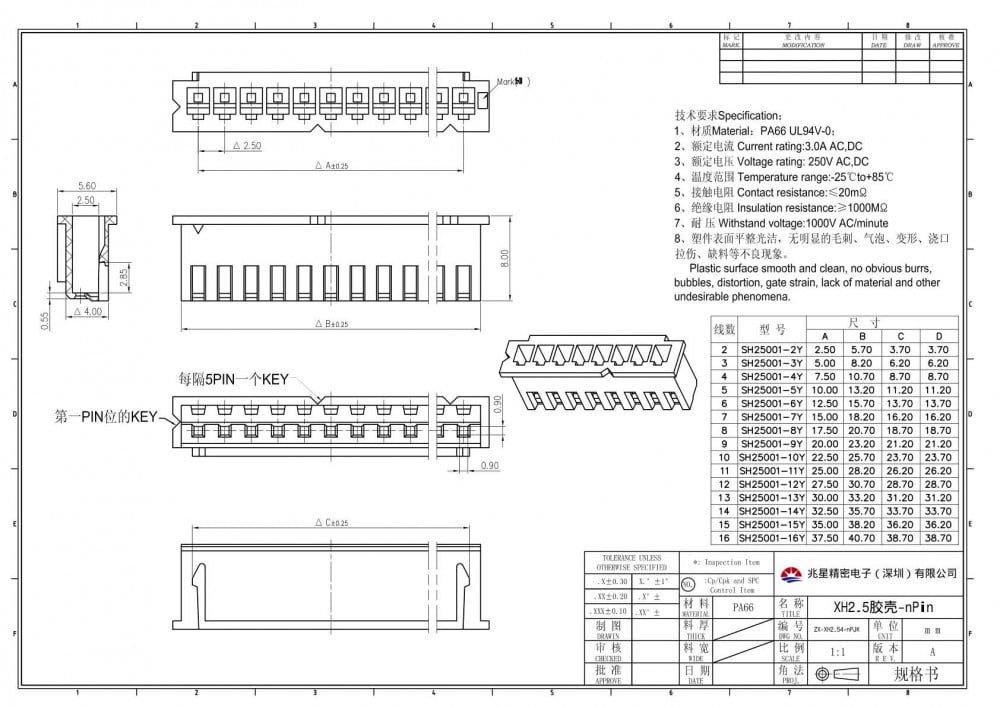Megastar ZX-XH2.54-15PJK technical drawing
