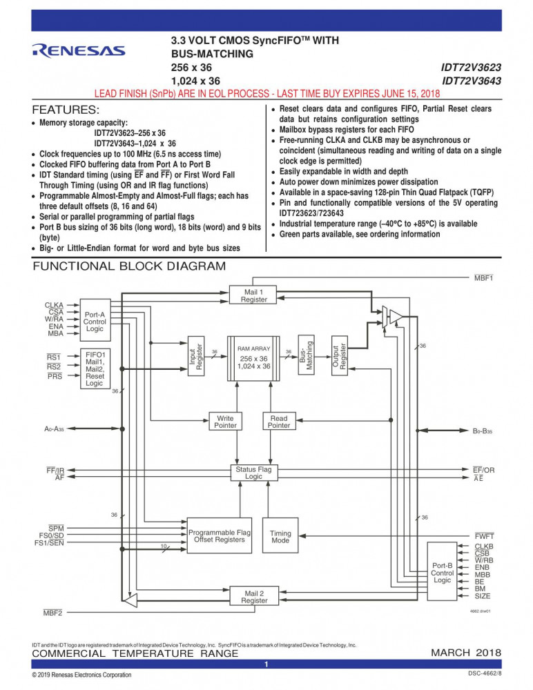 72V3623L10PFG datasheet page 1