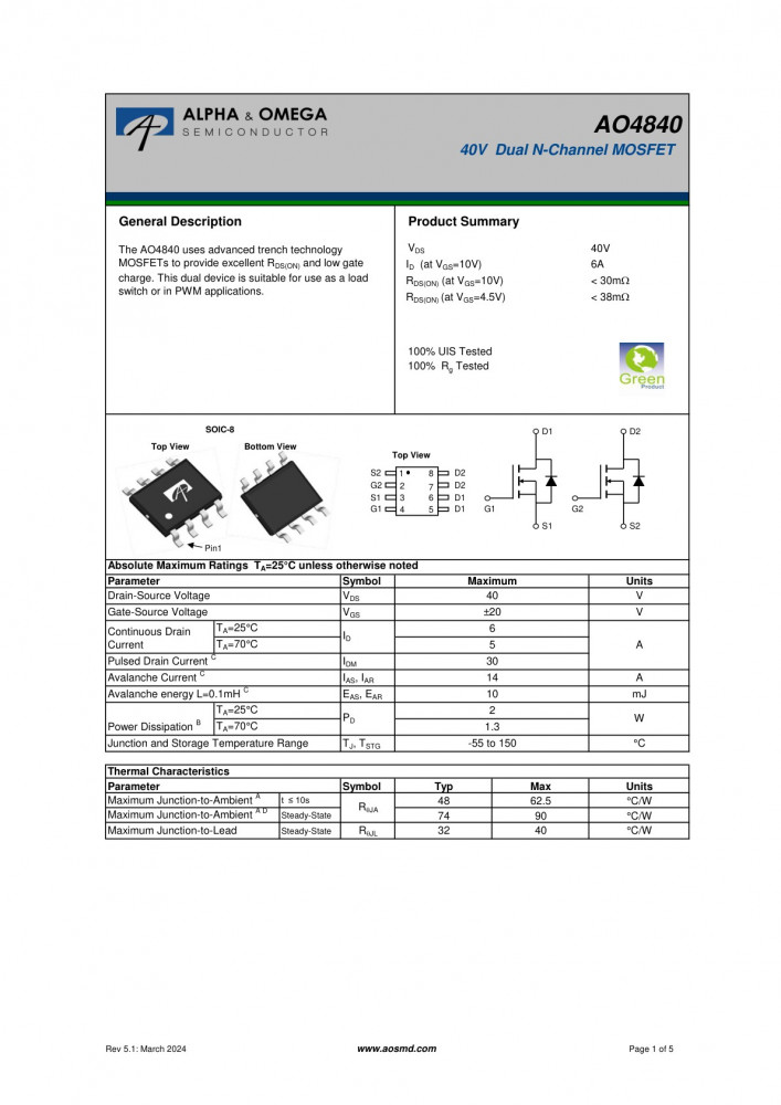 AO4840 datasheet page 1