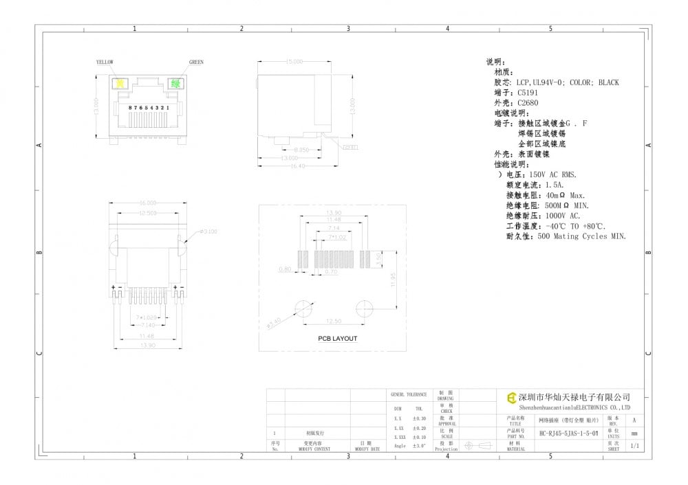 HCTL HC-RJ45-5JAS-1-5-01 technical drawing