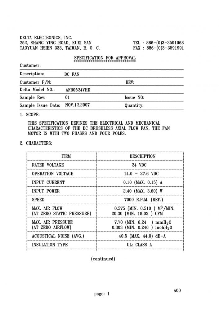 AFB0524VHD specification page 2