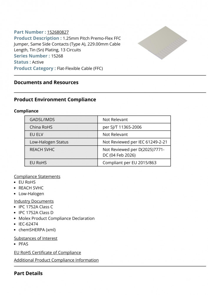 Molex 15268 FFC specification page 1